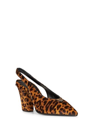Prada Womens Slingback Pumps Honey Leopard Calf Hair Multicolour Leather High Heel Shoes