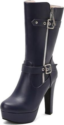 Generic Bottes Femmes Mi-Mollet avec Zip Latéral Double Ceinturons À Boucles Plateformes Talons Hauts Bout Rond Cuir Faux Bottes De Fête,Bleu,39 EU