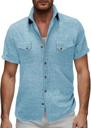 Generic Chemise boutonn&eacute;e en coton et lin pour homme - Manches courtes - Col &agrave; revers - Coupe ample - Doux - Extensible - Pour la plage hawa&iuml;enne - Pour le pr