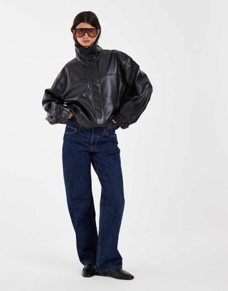 Asos Bomberjacke in Lederoptik mit Stehkragen in Schwarz