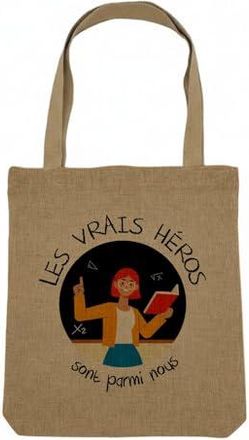 Fabulous Sac Shopping Tote Bag Aspect Lin - Les Vrais H&eacute;ros - Professeure Ma&icirc;tresse M&eacute;tier Sac de Courses Toile Epaisse 360g Beige Naturel Cabas Port&eacute; Epaule S