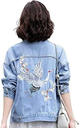 Lazutom Veste en jean brodée à manches longues pour femme, bleu, 46