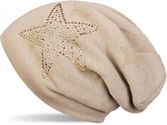 styleBREAKER Bonnet tricot&eacute; Beanie en Laine Fine Chaude recouvert de Motifs d&eacute;toiles, d&eacute;toiles en Strass, Unisexe 04024084, Couleur:Beige