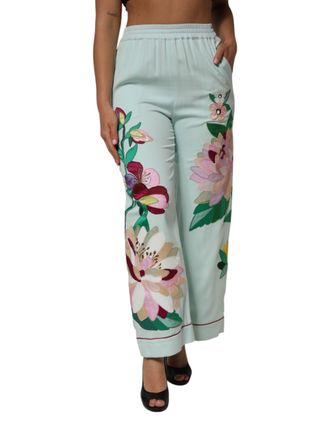 Dolce & Gabbana Womens Green Floral Garterized Straight Pajama Pants Silk Elastane