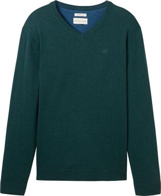 Tom Tailor Herren 1039806 Basic Pullover mit V-Ausschnitt aus Baumwolle, 36296-dark Tree Green Melange, L