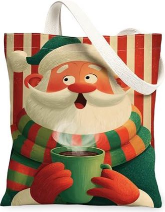 Generic Sacs fourre-tout en toile motif P&egrave;re No&euml;l - R&eacute;utilisables - R&eacute;tro - L&eacute;ger - Lavable - Bandouli&egrave;re - 33 x 38 cm