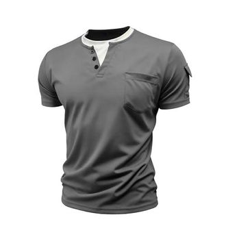 Generic T-shirt &agrave; manches courtes vintage pour homme - Avec boutons - Style classique - Respirant - Coupe ajust&eacute;e - Avec poche de poitrine, gris, 3XL