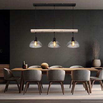 Globo Lighting Pendelleuchte 3 flammig H&auml;ngelampe Esstisch Holzlampe Glas Wohnzimmerlampe zum verstellen, Metall, schwarz braun, 3x E27 Fassungen, LxBxH 80x20x120 cm