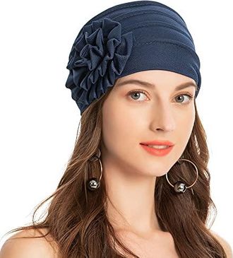 ZLYC Bonnet turban pour femme avec fleur chimio bandeau élastique, Motif floral bleu marine., M (taille unique)