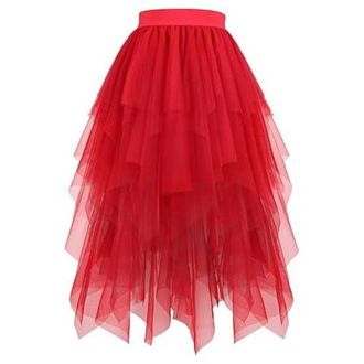 Generic Jupe de ballet irr&eacute;guli&egrave;re en tulle pour femme avec taille &eacute;lastique pour bal de fin dann&eacute;e, tenue de tous les jours, A- Rouge., XL