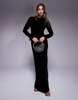 Asos Robe longue en velours nervur&eacute; &agrave; manches longues et coupe en biais - Noir