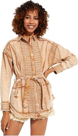 IXIAH Ixiah, Femme, Blouses et Chemises, Beige, Taille: 38 FR Chemise en jean avec broderie azt&egrave;que