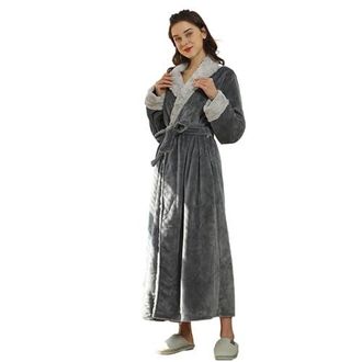 Generic Peignoir long en polaire pour femme - Manteau dint&eacute;rieur confortable et chaud avec poches - Peignoir dhiver de couleur unie pour lint&eacute;rieur - Peignoir
