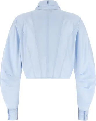 Elisabetta Franchi Cropped Bustier Cotton Poplin Shirt - Light Blue