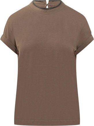 Brunello Cucinelli Femme, Tops, Brun, Taille: 40 FR T-Shirt en jersey de coton