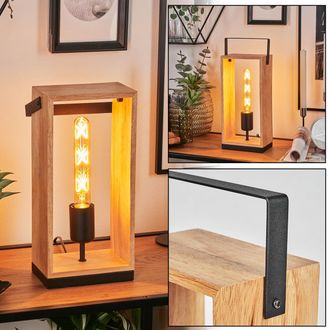 HOFSTEIN Tischleuchte Kabimoi, Tischlampe aus Metall/Holz in Schwarz/Naturfarben, moderne Leuchte im Boho/Retro/Vintage-Design, Schalter am Kabel, H&ouml;he 40 cm, 