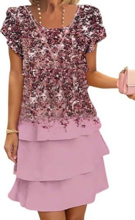 Onsoyours Femmes Été Robe en Mousseline Col Rond Élégante Robes De Soirée Fleurs Impression À Manches Courtes Volants Léger Et Respirant Mini Dress Décontracté 