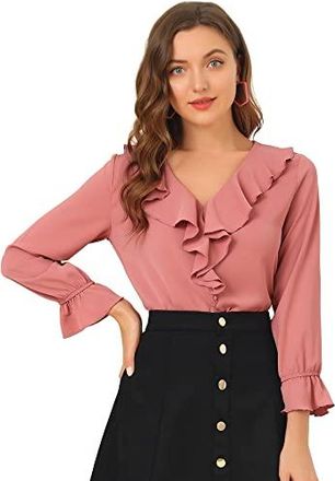 Allegra K Chemisier en mousseline de soie à volants avec col en V et manches pour femme, rose foncé, 36