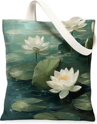 Generic Sac fourre-tout en toile motif n&eacute;nuphar printanier 33 x 38,1 cm, sac d&eacute;picerie r&eacute;utilisable &agrave; motif floral japonais aquarelle pour femme, paysage japo