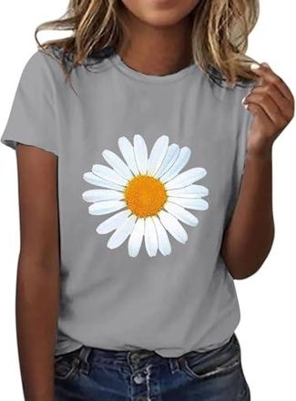 Generic Haut d&eacute;contract&eacute; pour femme - Chemisier 2024 - Imprim&eacute; marguerite - T-shirt &agrave; manches courtes et col rond - Haut tendance - L&eacute;ger et doux - Tenue d&eacute;t&eacute;