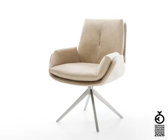 DELIFE Drehstuhl Clea-Flex Mikrofaser Beige Vintage Kreuzgestell breit Edelstahl 360&deg; drehbar Wippfunktion, Esszimmerst&uuml;hle