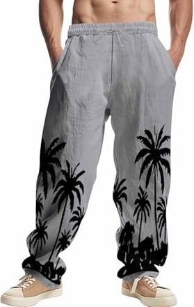 Generic Pantalon en lin pour homme long &eacute;t&eacute; l&eacute;ger : pantalon de loisirs avec imprim&eacute; hawa&iuml;en pantalon d&eacute;t&eacute; avec taille &eacute;lastique pantalon de plage respirant p