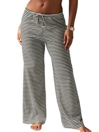 SOLY HUX Damen Lange Hose Streifen Freizeithose Weite Causalhose Elastische Taille Jogginghose mit Tunnelzug Leicht Stoffhose Herbst Outfit Schwarz und Wei&szlig; L