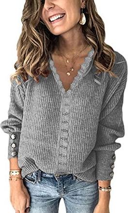 TOMWELL Femmes Couleur Unie Pull Boutons D&eacute;cor &Agrave; Manches Longues Col Rond Pull Tricot&eacute; Blouse Hauts D&eacute;contract&eacute; T-Shirt Cardigan &Agrave; Boutonnage Simple Ray&eacute; A Gr