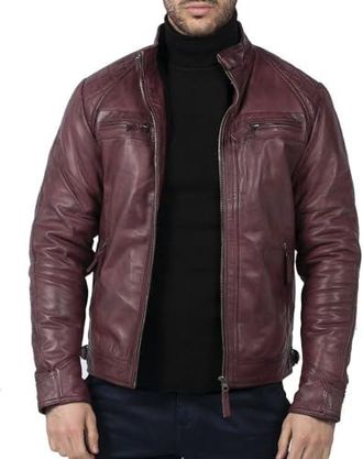 TruClothing Blouson pour Homme Style rétro Biker Fermeture éclair Cuir véritable Doux - Bordeaux XL