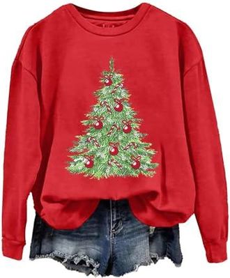 Generic Sweat-shirt doux ample et confortable pour femme - Coupe surdimensionn&eacute;e - Motif arbre de No&euml;l mignon - Chemise &agrave; manches longues - Pull orange &agrave; manc