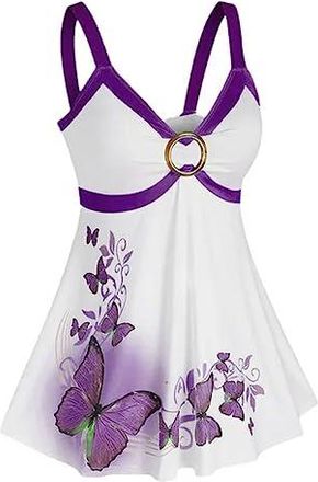 Generic Maillot de bain rembourr&eacute; noir pour femme avec imprim&eacute; papillon et O - grande taille, haut sans manches bikini femme avec, lilas, 3XL