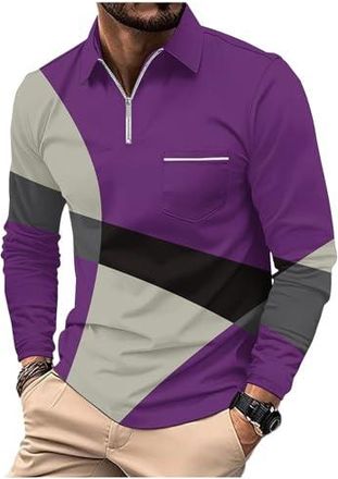 Generic Polo &agrave; manches longues pour homme Patchwork Revers T-shirt d&eacute;contract&eacute; Chemises de vacances Tops, lilas, 3XL