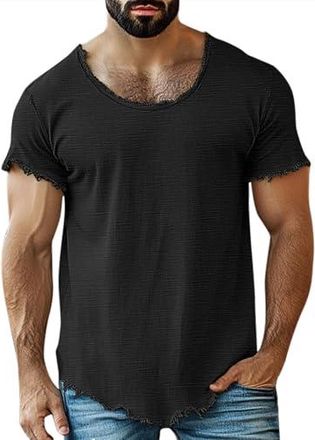 Generic T-shirt basique pour homme - Noir - Col rond - T-shirt de sport pour homme - Respirant - Manches longues - Ourlet ray&eacute; - T-shirt dentra&icirc;nement respira