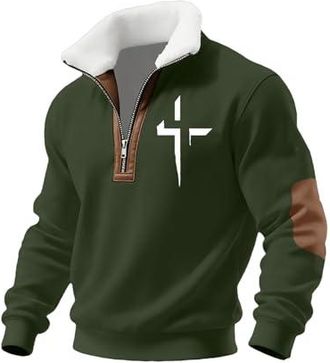 Generic Sweat-shirt à demi-fermeture éclair doublé en polaire pour homme - Imprimé western vintage - Pull à manches longues - Col zippé - Pull dhiver chaud - 