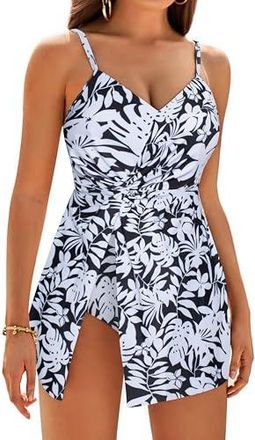 Grace Karin Maillot de Bain pour Femme contr&ocirc;le du Ventre Push-up Amincissant fronc&eacute; Une pi&egrave;ce Maillots de Bain pour Femmes Feuilles de Plantes Blanches M