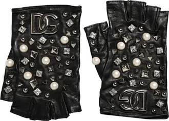 Dolce & Gabbana Womens Black Pearl Embellished Wrist Length Gloves Lamb Leather