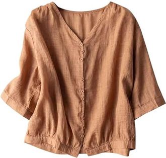 Generic Top Manches Longues Femme Bouton Chemisier Col V Chemisiers en Coton Et Lin Haut D&eacute;contract&eacute; Ample Top Couleur Unie Simple Chemise Confortable Chemisi
