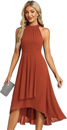 Ever-pretty Robe Mariage Invitée Femme Épaules Dénudée Plissé High Low sans Manches Mousseline Ourlet Irrégulier Chic Orange Caramel 38