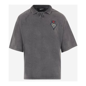 Just Cavalli Homme, Tops, Gris, Taille: XL T-shirt en coton avec broderie de flammes et logo au dos