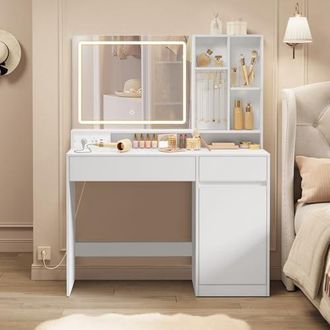 Vasagle Schminktisch mit LED-Beleuchtung, Steckdosenleiste, Frisiertisch mit Schubladen, verstellbaren Ablagen, 110 cm breit, Schmuckaufbewahrung, f&uuml;r Schlafz