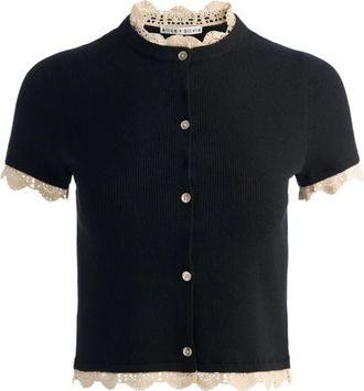 Alice & Olivia Cardigan court &agrave; manches courtes avec bordure en dentelle - Femme - Pulls - Noir - Taille: 40 FR