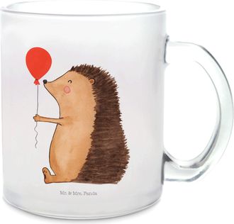 Mr. & Mrs. Panda Teetasse Igel Luftballon - Geschenk, Glas Teetasse, Tiere, Happy Birthday, Geburtstagskind, lustige Spr&uuml;che, Teetasse aus Glas, Gute