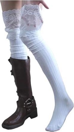 Generic Lot de 2 paires de chaussettes montantes avec bordure en dentelle, style pour femme, noir et blanc, blanc, Taille Unique