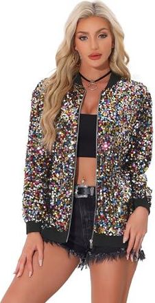 Allegra K Vestes Brillantes Femmes Blouson à Paillettes Manches Longues Fermeture Éclair Blazer Bomber de Fête Multicolore XS