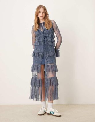 Asos Robe chemise boutonn&eacute;e &agrave; volants avec dentelle - Bleu-Marron