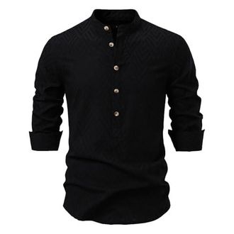 Generic Haut &agrave; manches longues pour homme et adulte - Col montant boutonn&eacute; - Style d&eacute;contract&eacute; - Uni - Pour le travail et le bureau - Sans plis, Noir, XXL