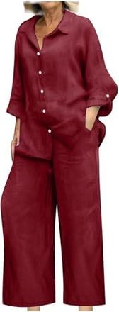 Generic Ensemble 2 pi&egrave;ces en lin pour femme 2024, chemises amples &agrave; manches longues, jambes larges, pantalon assorti, tenues de vacances grande taille, combin