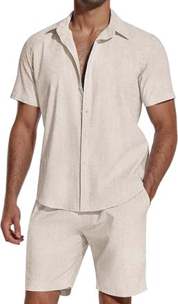 SHEKINI Herren Baumwolle 2 Piece Schlafanzug Kurz- Kurzarm Button Down Shirt & Leichte Shorts - Atmungsaktiv Komfort Fit für Sommer Freizeit & Strand Entspann