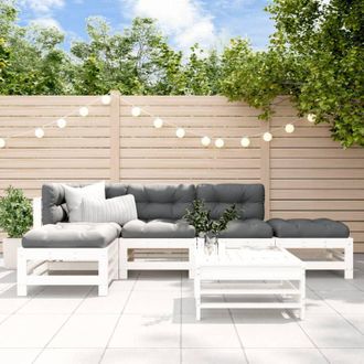 vidaXL 6-tlg. Garten-Lounge-Set mit Kissen Wei&szlig; Massivholz - Vidaxl