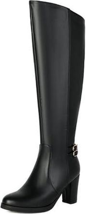 Generic Bottes d&eacute;quitation minimalistes &agrave; bout en amande pour femme - Fermeture &eacute;clair lat&eacute;rale - Sangle d&eacute;corative - Talons &eacute;pais - Chaussures dhiver, Noir, 